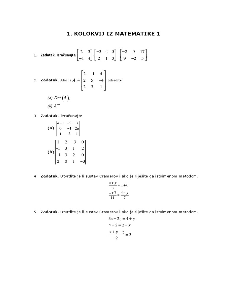 Kolokvij 1. Matematika 1a | PDF