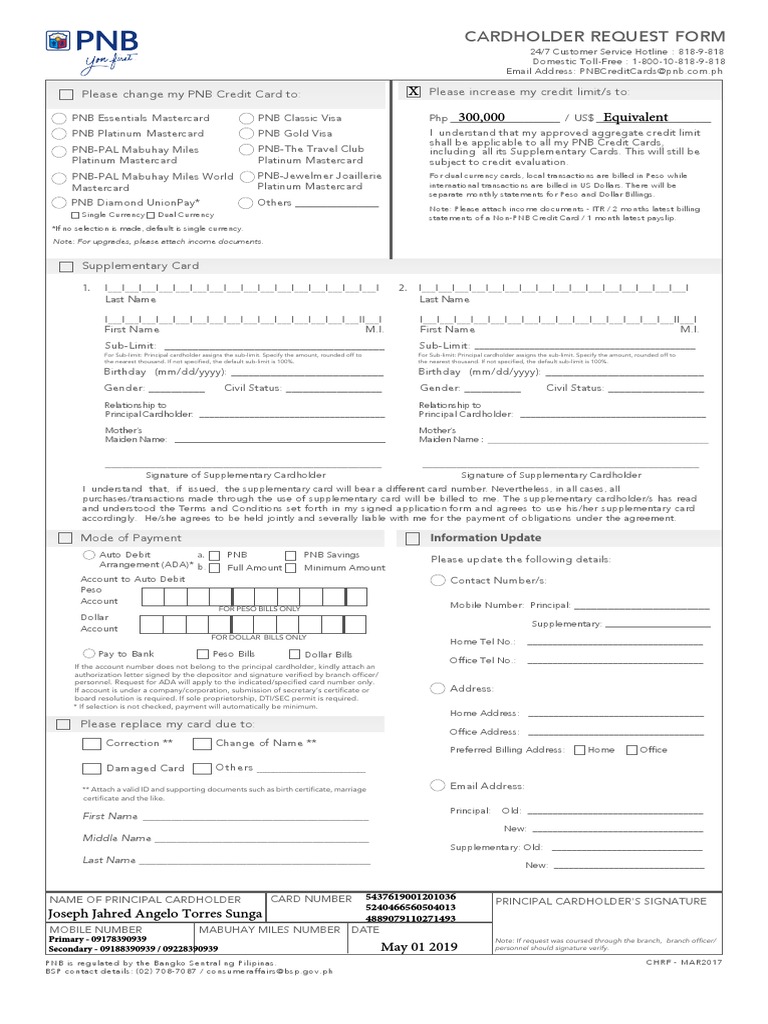 PNB Credit Card Change Request Form | PDF | Credit Card | Payments