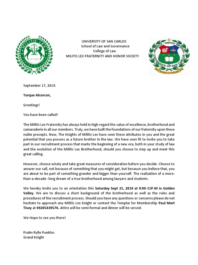 Militis Invitation Letters | PDF | Fraternities | Knights Templar