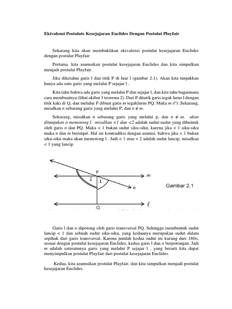 Makalah Ekivalensi Postulate Kesejajaran Euclides Dengan Postulat Playfair | PDF