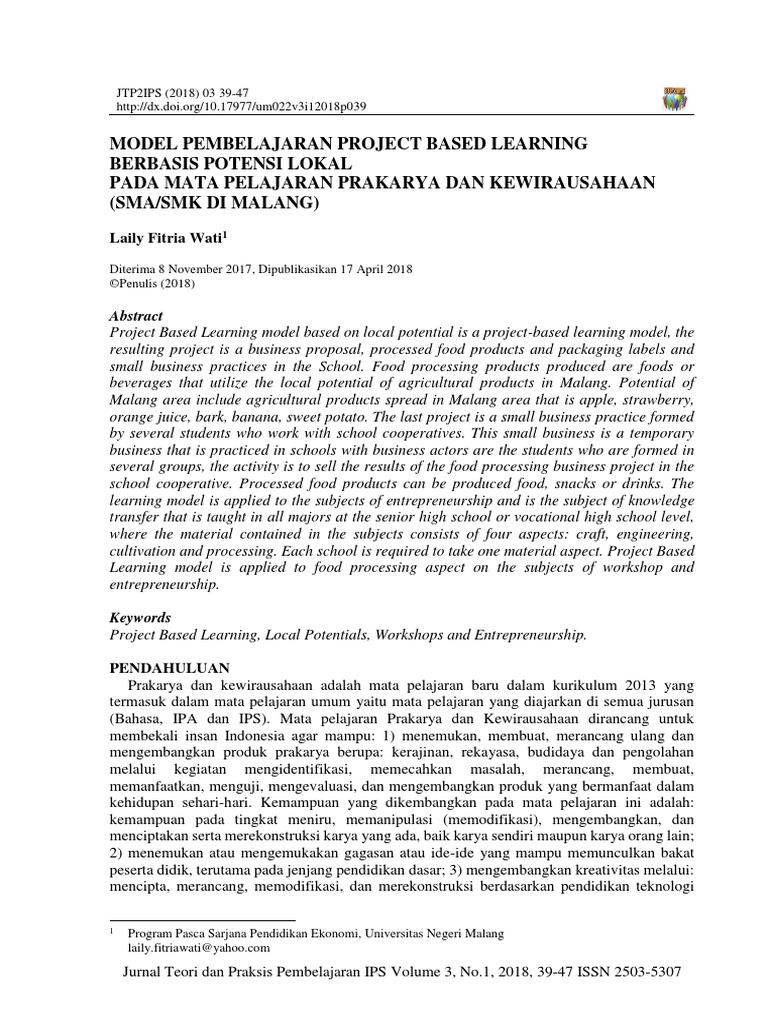 Model Pembelajaran Project Based Learning Berbasis Potensi Lokal Pada ...
