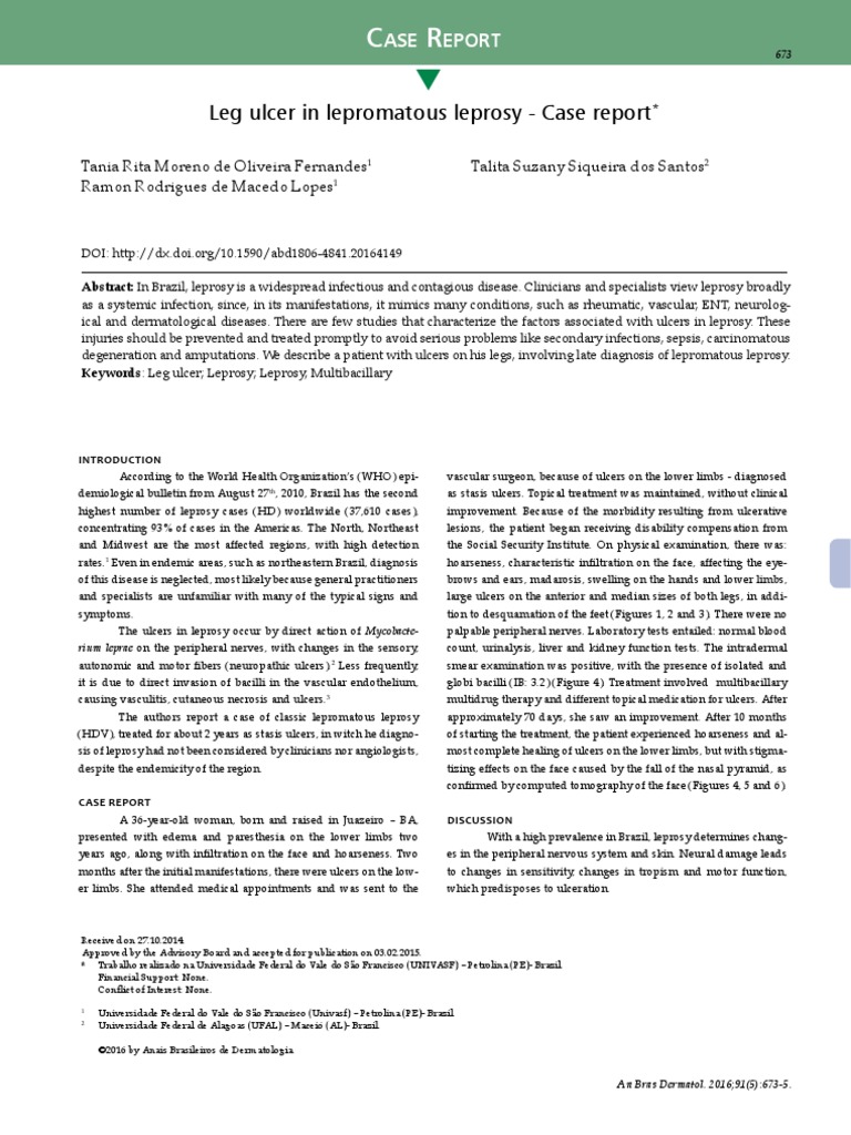 Leg Ulcer in Lepromatous Leprosy - Case Report | PDF | Leprosy | Infection