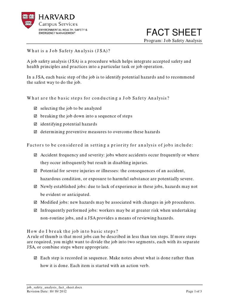 Job Safety Analysis Fact Sheet | PDF | Safety | Prevention
