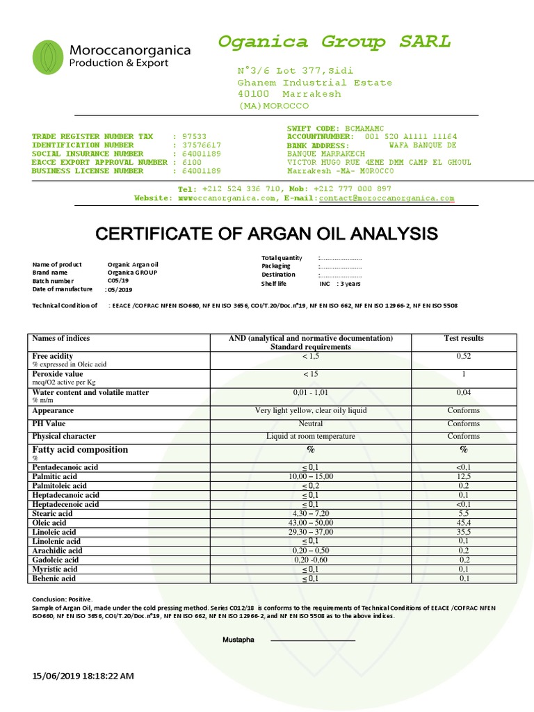 Argan Oil in Bulk, COA | PDF | Chemical Substances | Chemistry
