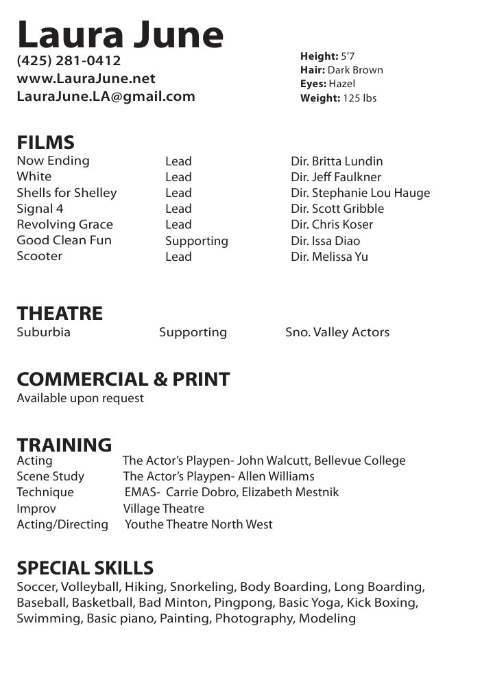 Laura June: Actor Resume & Skills | PDF