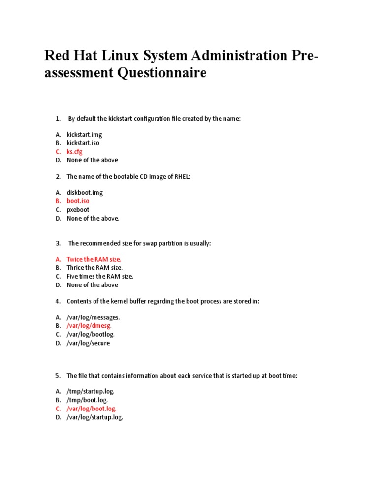 Red Hat Linux System Administration Pre-Assessment Questionnaire | PDF | Booting | File System