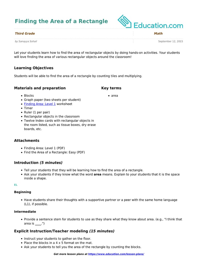 Finding The Area of A Rectangle | PDF | Area | Lesson Plan