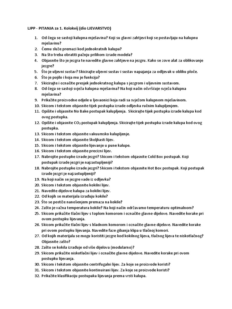 Ljevarstvo - Pitanja Za Kolokvij (FSB Zagreb) | PDF