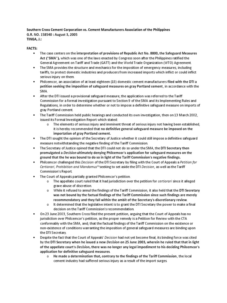 Southern Cross Cement Case Summary | PDF | Certiorari | Presidents Of ...