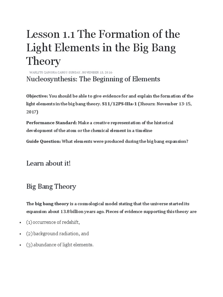 Lesson 1.1 The Formation of The Light Elements in The Big Bang Theory ...