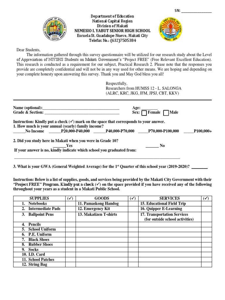 PR2 Survey Questionnaire (Final) | PDF | Gratitude | Cognition