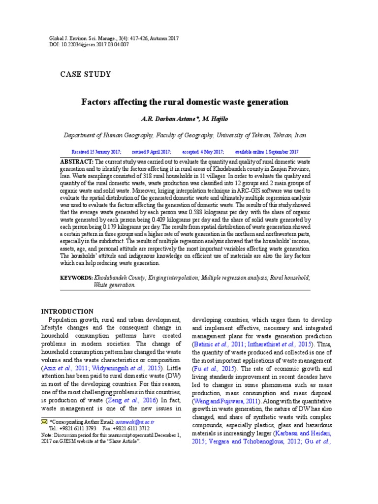 Factors Affecting The Rural Domestic Waste Generation: Case Study | PDF ...