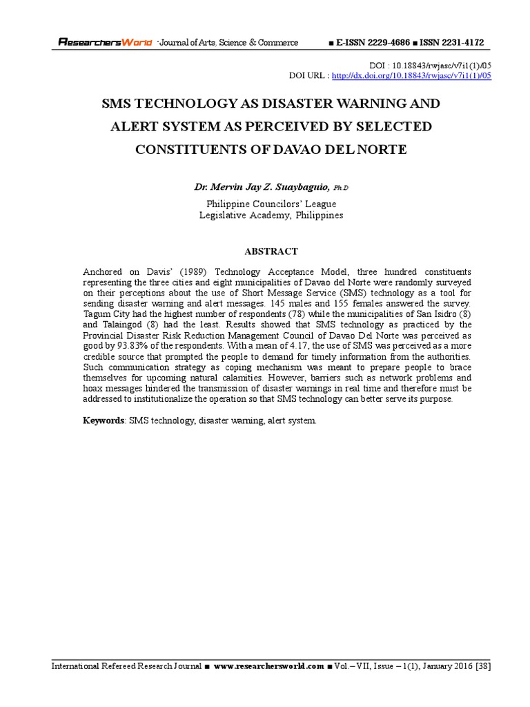 SMS Technology As Disaster Warning and Alert System As Perceived by ...