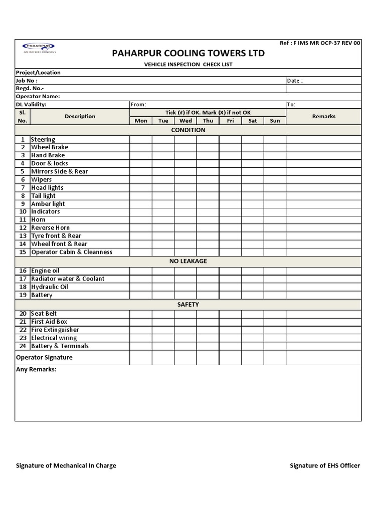 IMS-37 Vehicle Inspection Checklist PDF | PDF