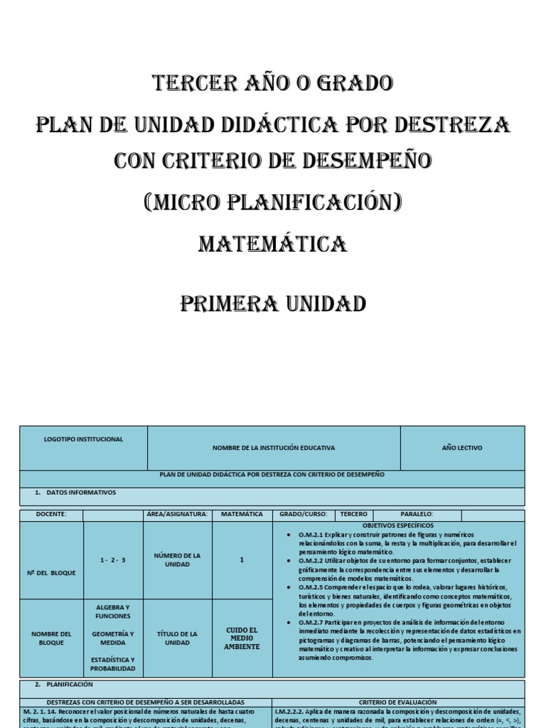 Tercer Año O Grado Plan De Unidad Didáctica Por Destreza Con Criterio ...