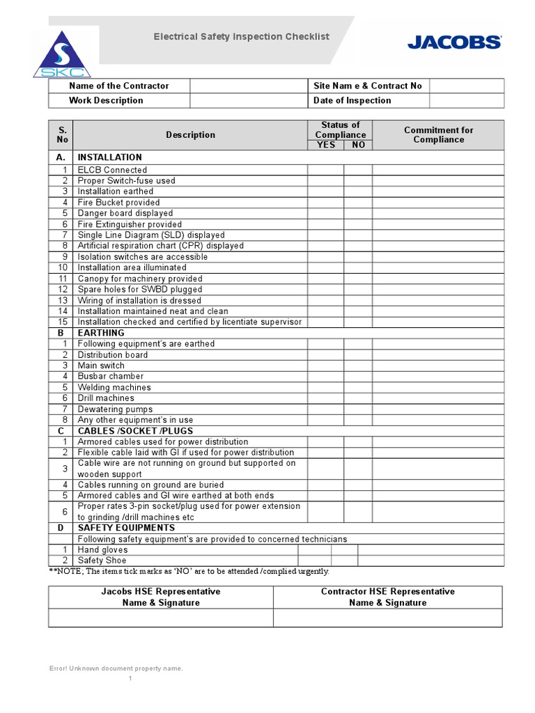 Electrical Safety Inspection Checklist: Error! Unknown Document ...