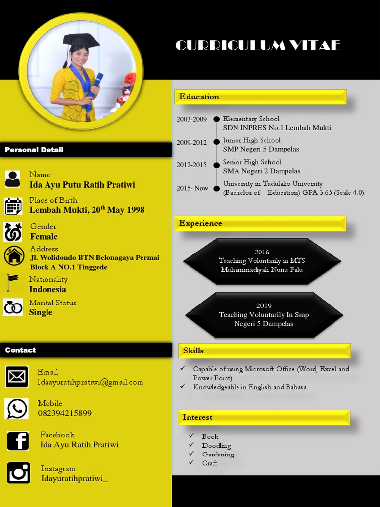 Curriculum Vitae of Ida Ayu Putu Ratih Pratiwi Detailing Her Education, Work Experience, Skills ...