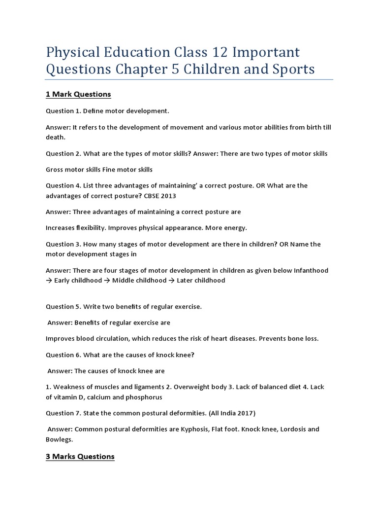 Physical Education Class 12 Important Questions Chapter 5 Children and ...