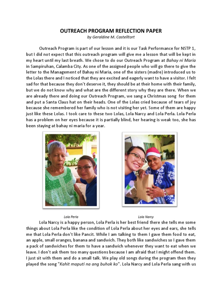 Outreach Program Reflection Paper: by Geraldine M. Castelltort | PDF ...