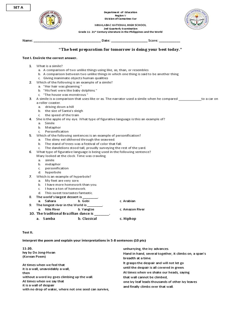 Grade 11 2nd Quarter Literature Exam | PDF | Poetry