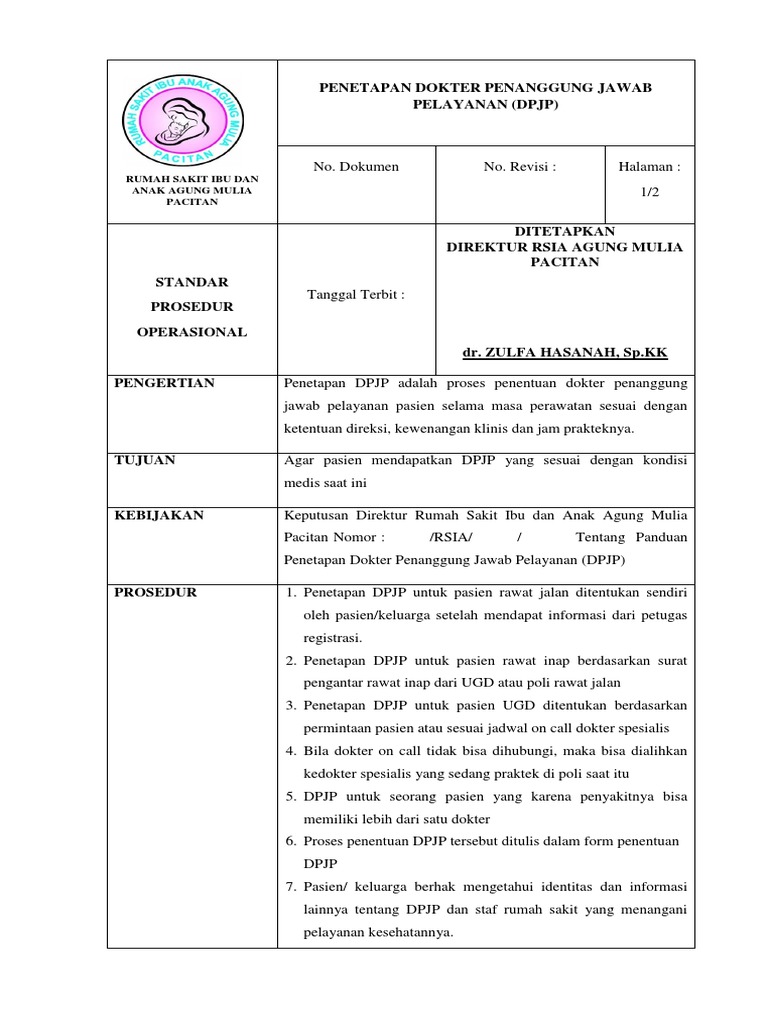 Spo Penetapan Dokter Penanggung Jawab Pelayanan (DPJP) | PDF