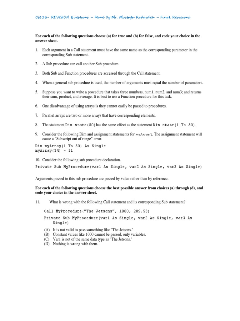 Cs116-REVISION Questions - Done By:Mr. Mustafa Radaideh - Final Revisions | Download Free PDF ...