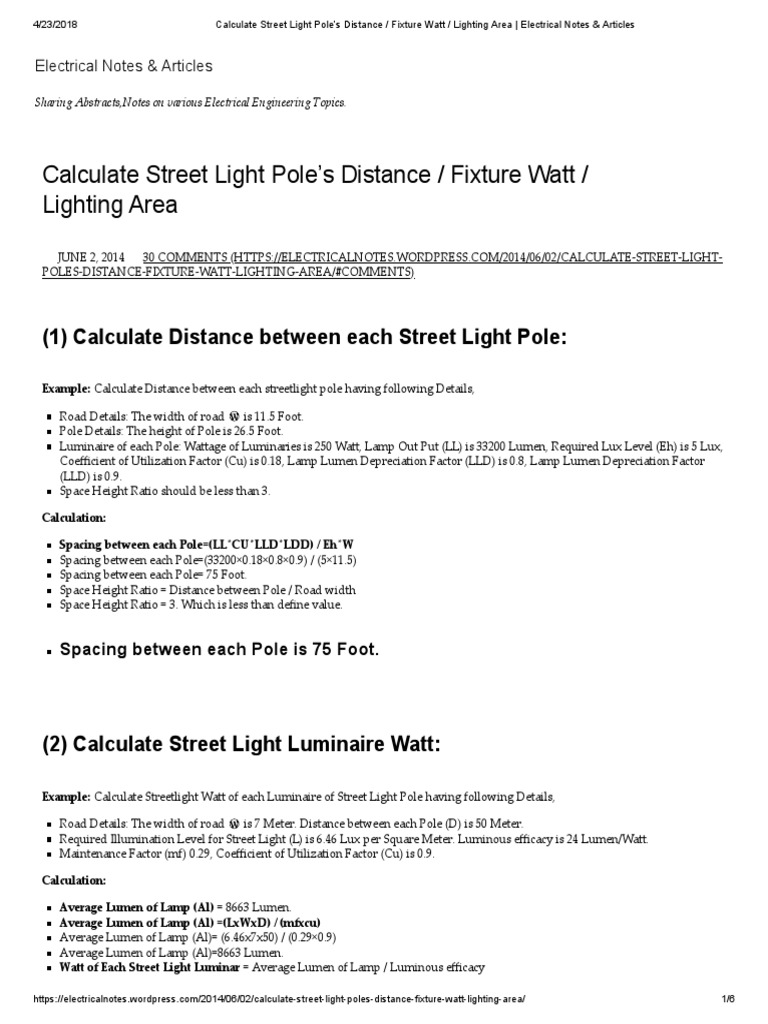 Calculate Street Light Pole's Distance - Fixture Watt - Lighting Area ...