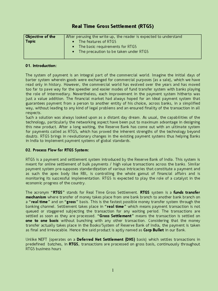 Real Time Gross Settlement (RTGS) | PDF | Payment System | Reserve Bank ...