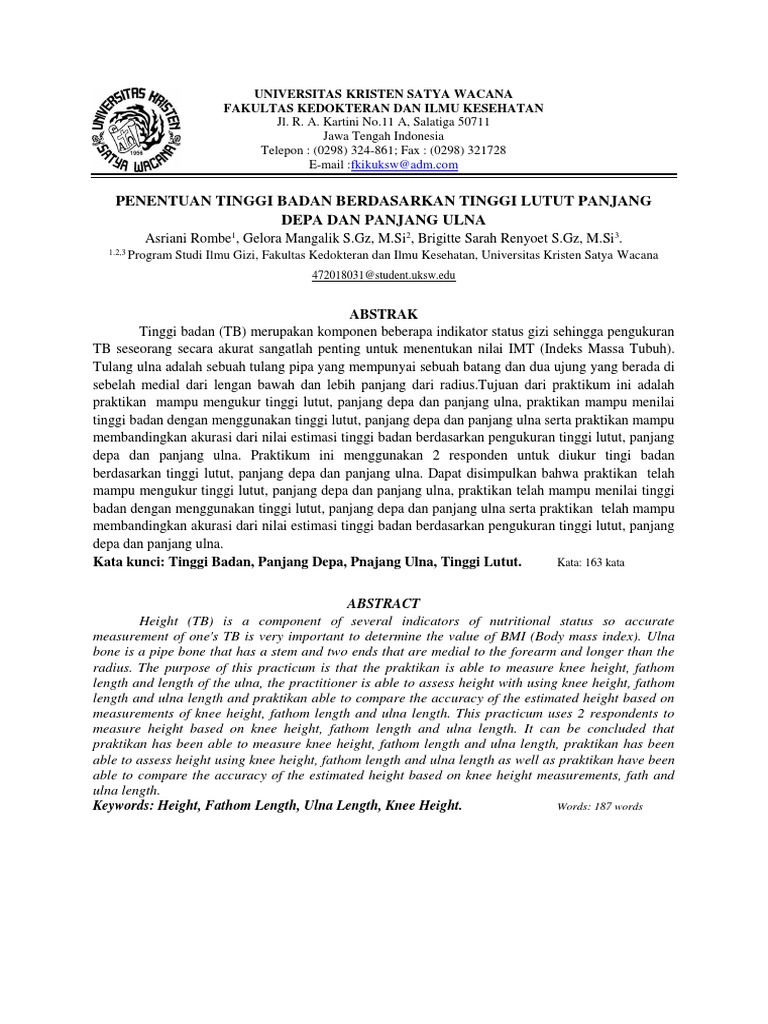 Penentuan Tinggi Badan Berdasarkan Tinggi Lutut Panjang Depa Dan ...