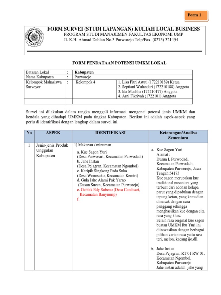 Form 1 Survei Potensi Umkm | PDF