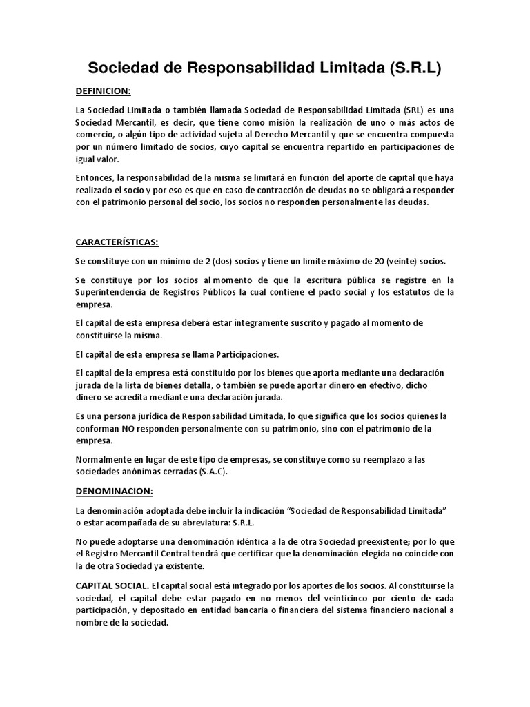 Sociedad de Responsabilidad Limitada (S.R.L): Definicion | Economias | Business