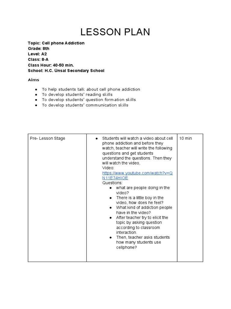 Cell Phone Addiction Lesson Plan for 8th Grade | PDF | Cognition ...