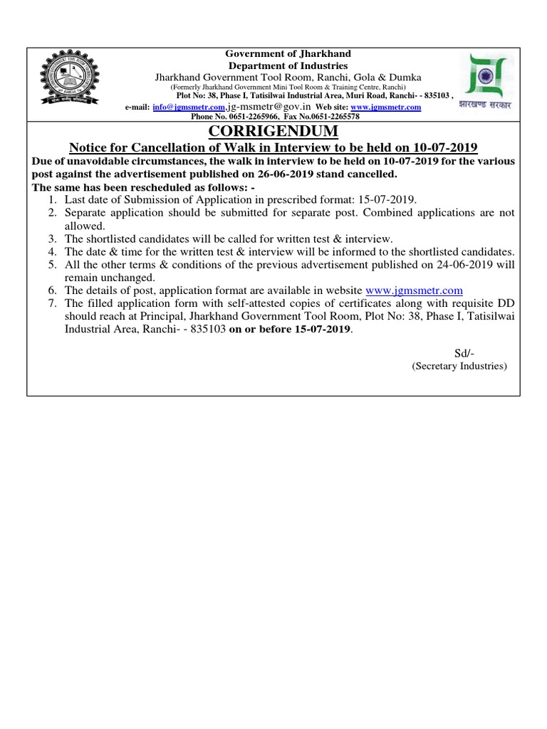 Corrigendum: Notice For Cancellation of Walk in Interview To Be Held On ...