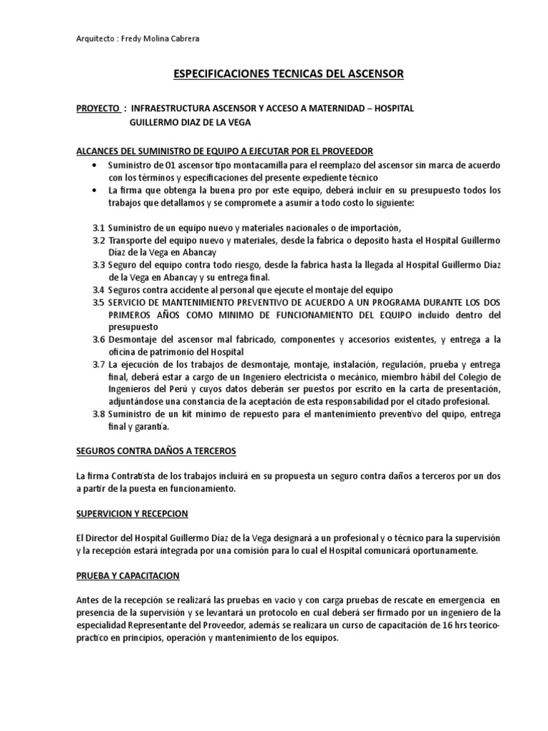 Especificaciones Ascensor | PDF | Ascensor | Ingeniería