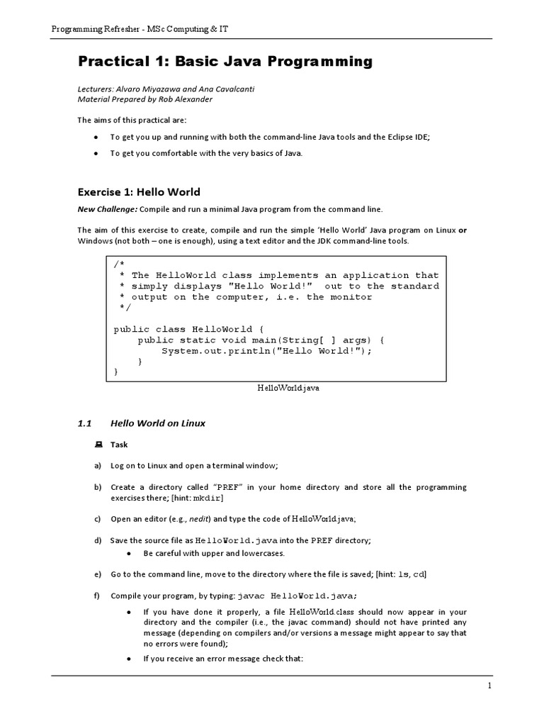 Practical 1: Basic Java Programming: Exercise 1: Hello World | PDF | Area | Java (Programming ...