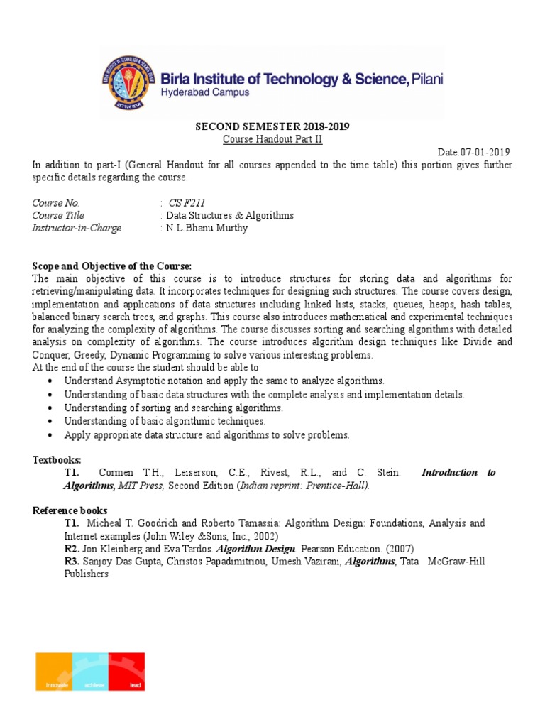 Cs F211 Pdf Algorithms And Data Structures Areas Of Computer Science