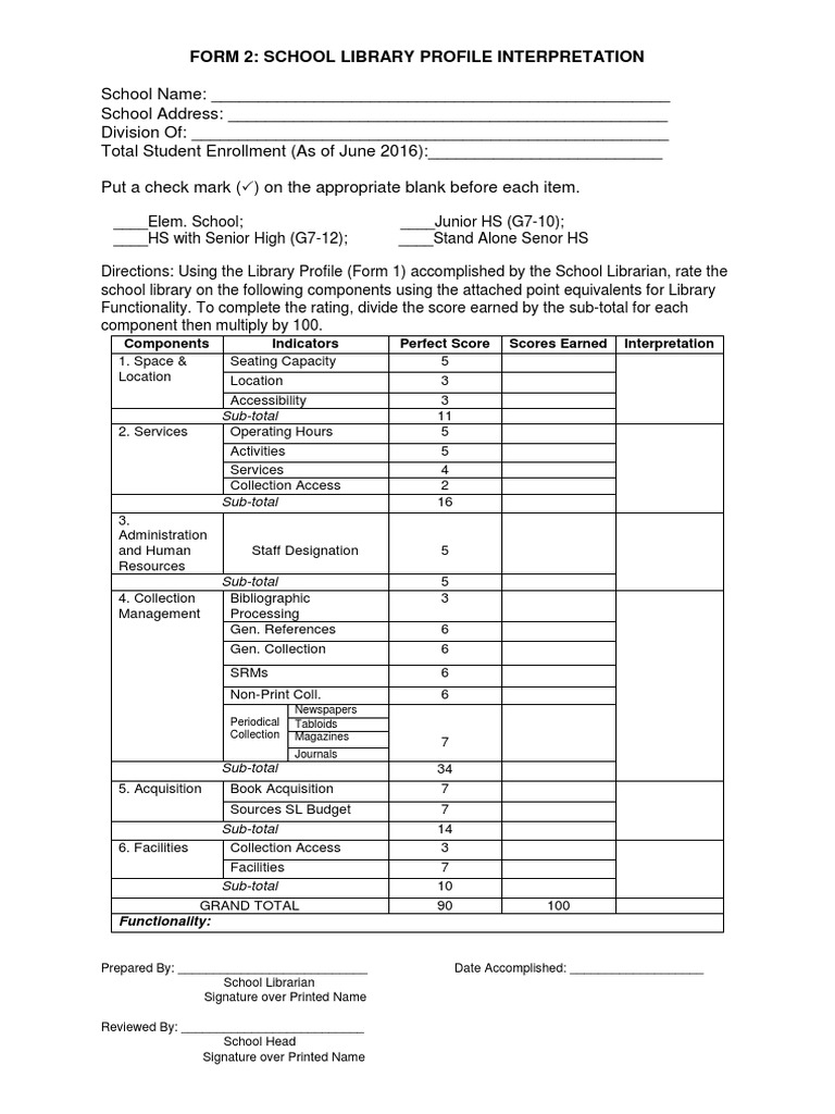 FORM 2 School Library Profile Interpretation | PDF | Libraries ...