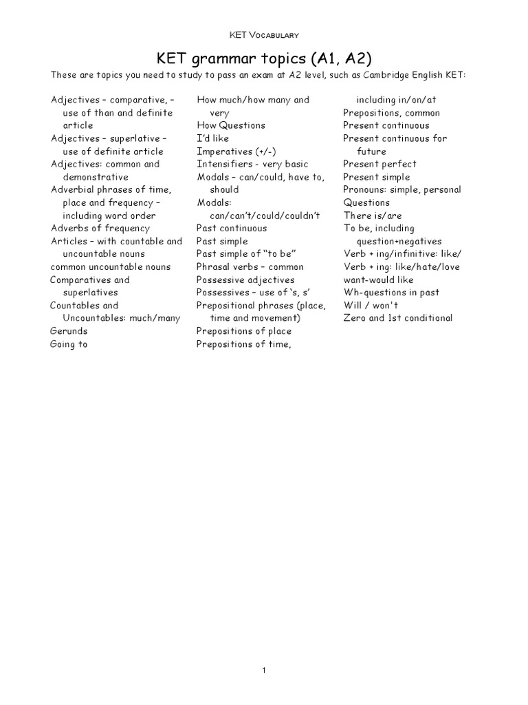 KET Grammar Topics (A1, A2) | PDF | Semantic Units | Semantics