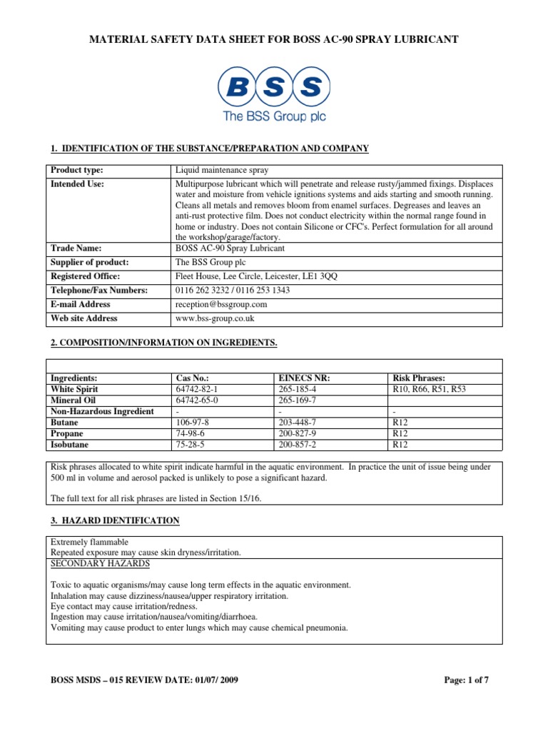 Spray Lubricant MSDS | PDF | Chemistry | Materials