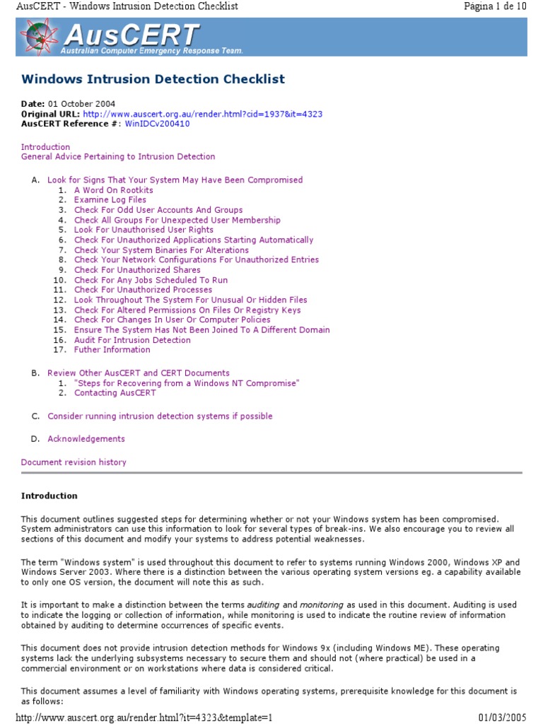 Windows Intrusion Detection Checklist | PDF | Windows Registry | Group Policy