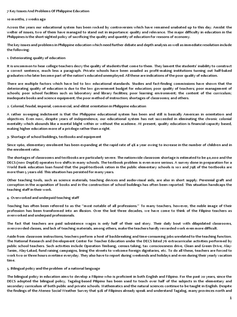7 Key Issues and Problems of Philippine Education | PDF | Liberalism ...