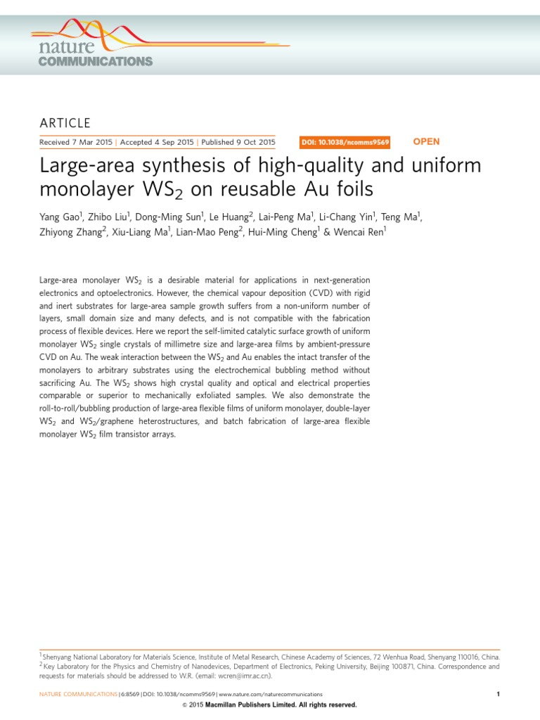 High-Quality Monolayer WS2 Synthesis | PDF | Chemical Vapor Deposition ...