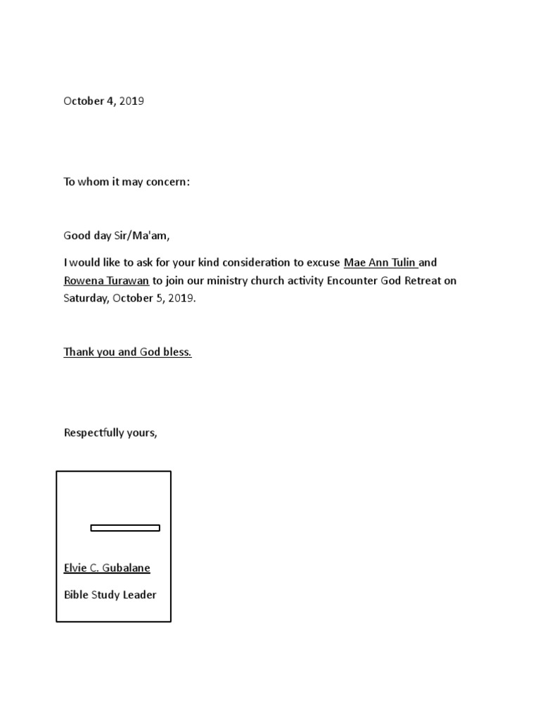 Excuse Letter | PDF | Christian Denominational Families | Christian ...