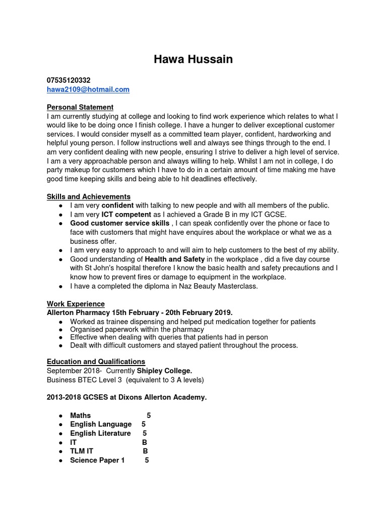Hawa Hussain CV | PDF | Behavior Modification | Health Care
