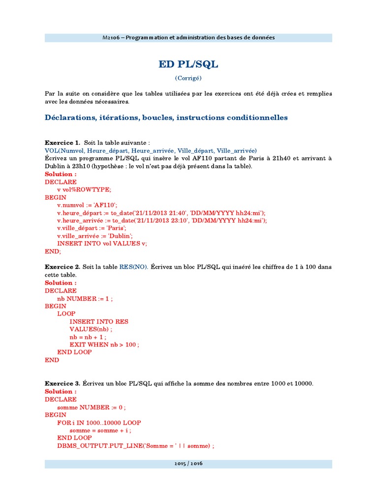 Exercices corrigés PL/SQL et SQL | PDF | PL/SQL | SQL