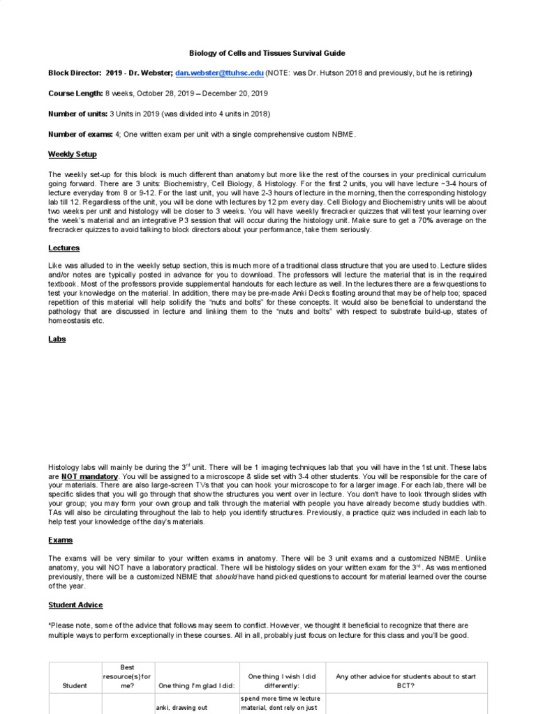 BCT Survival Guide - Fall 2019 | PDF | Lecture | Histology