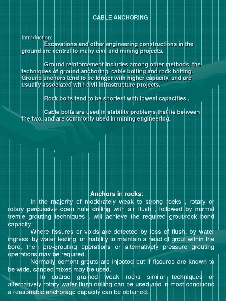 Cable Anchoring Techniques in Engineering | PDF | Anchor | Drilling