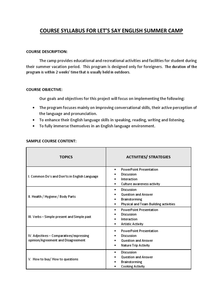 Course Syllabus For Let'S Say English Summer Camp | PDF | English ...