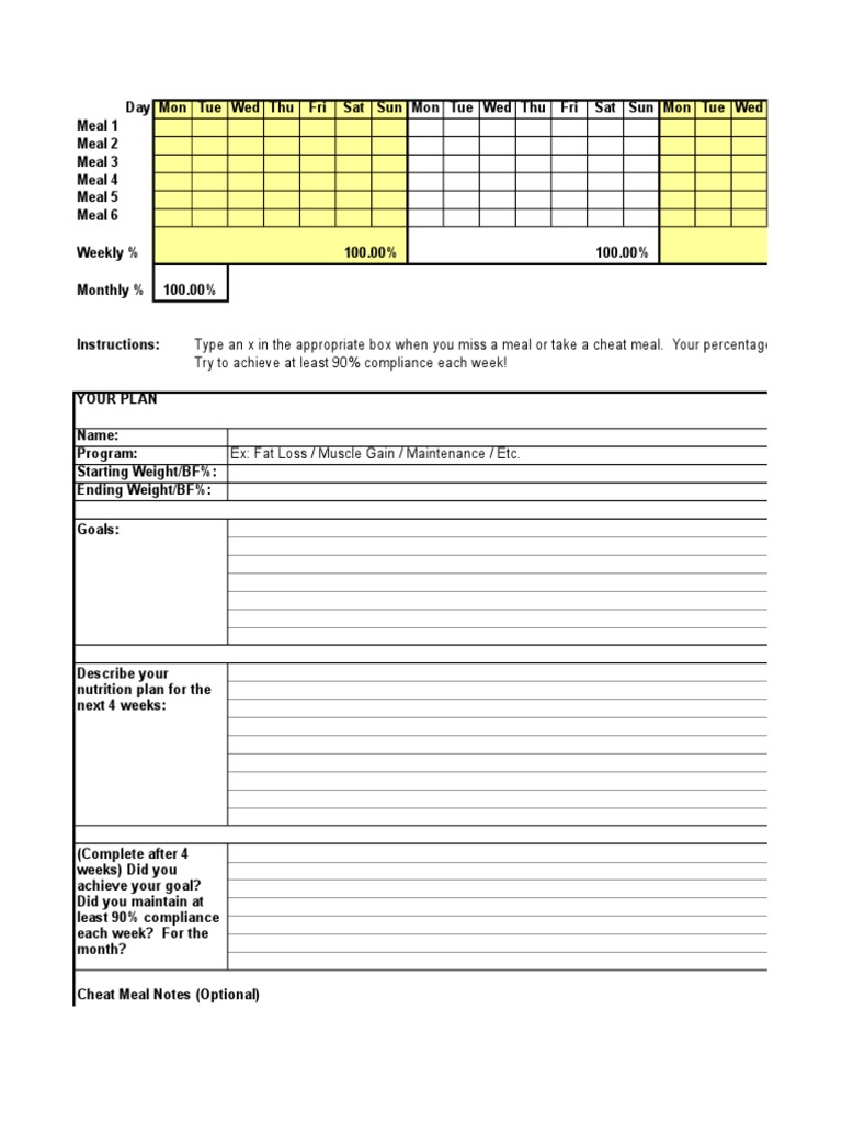 Type An X in The Appropriate Box When You Miss A Meal or Take A Cheat ...
