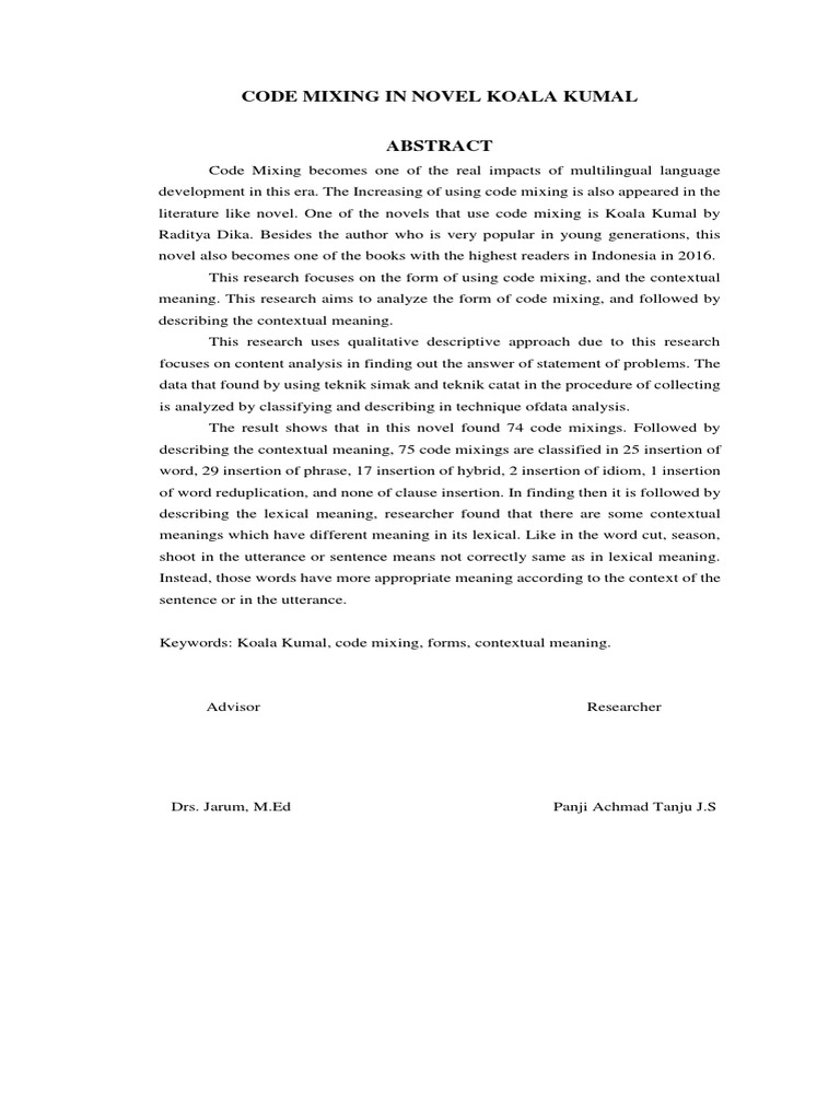 Code Mixing in Novel Koala Kumal | PDF | Language Arts & Discipline ...